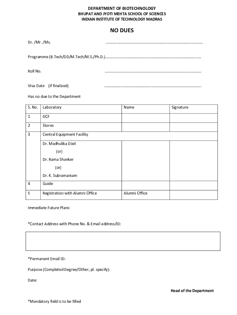 Fillable Online biotech iitm ac Department No Dues Form Fax Email Print ...