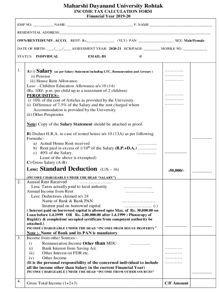 Fillable Online Income Tax Calculation Statement Form Assessment Year ...