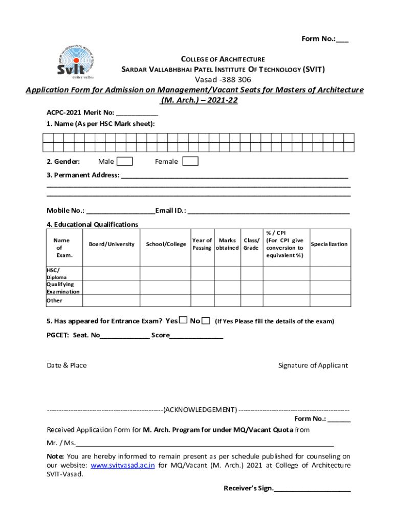 Fillable Online Sardar Vallabhbhai Patel Institute of Technology - SVIT ... Fax Email Print ...
