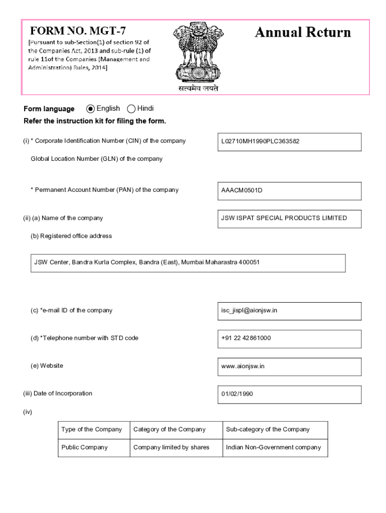 Fillable Online Form No. MGT-7 ANNUAL RETURN I. REGISTRATION AND OTHER ...