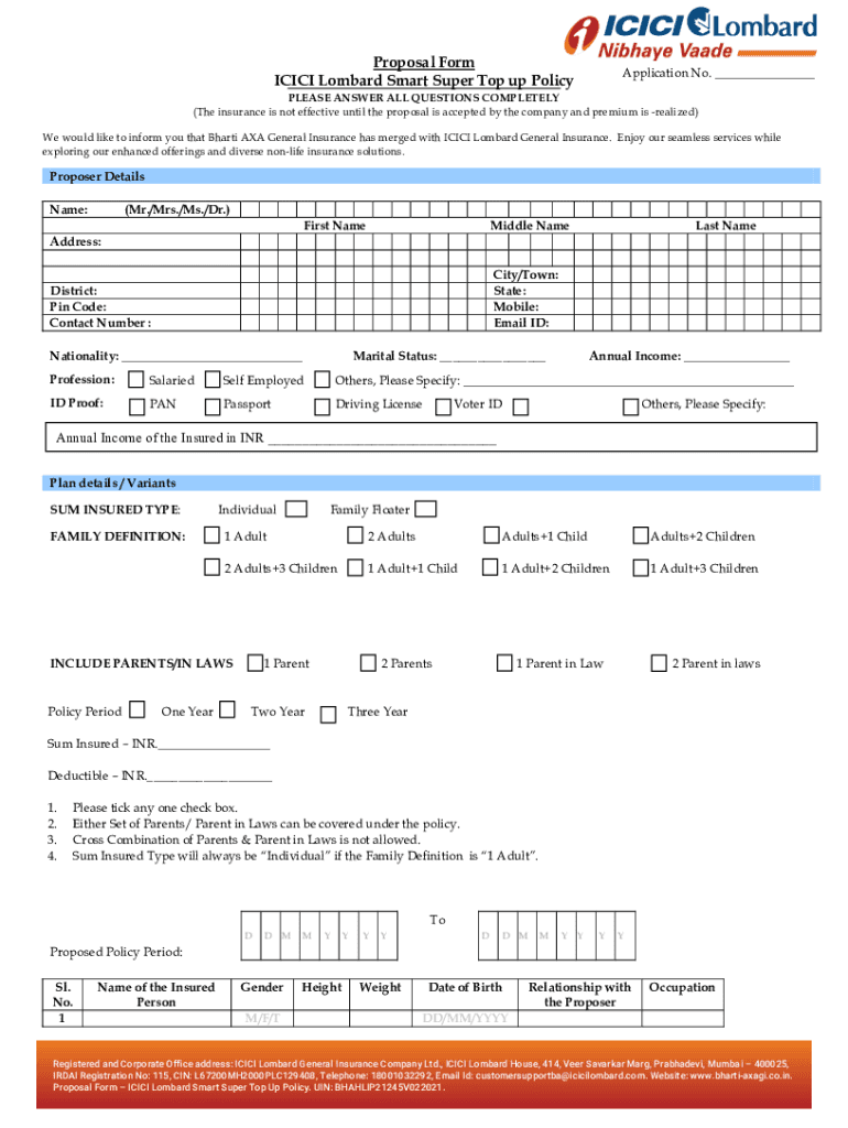 Fillable Online Smart Super Top- Up Insurance Policy -Proposal Form Fax ...