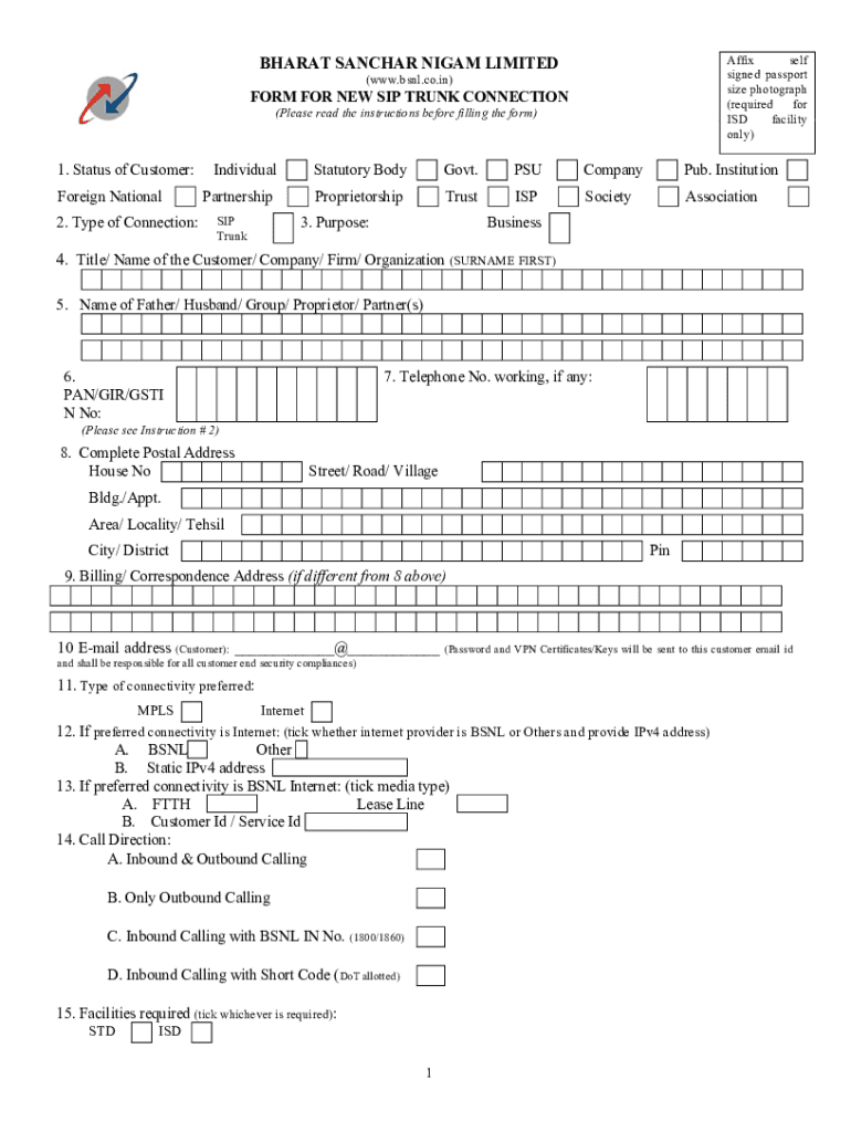 Fillable Online BHARAT SANCHAR NIGAM LIMITED Affix self FORM FOR NEW ...