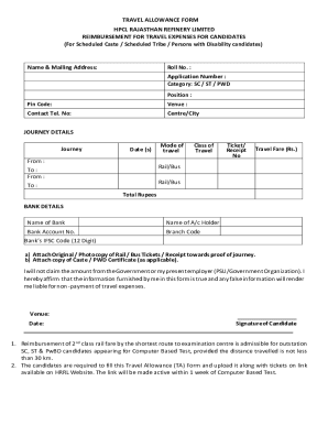 Fillable Online TRAVEL ALLOWANCE FORM 1 - hrrl.in Fax Email Print ...