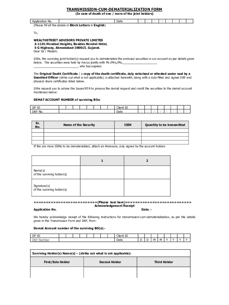 Fillable Online TRANSMISSION-CUM-DEMATERIALIZATION FORM (In case of ...