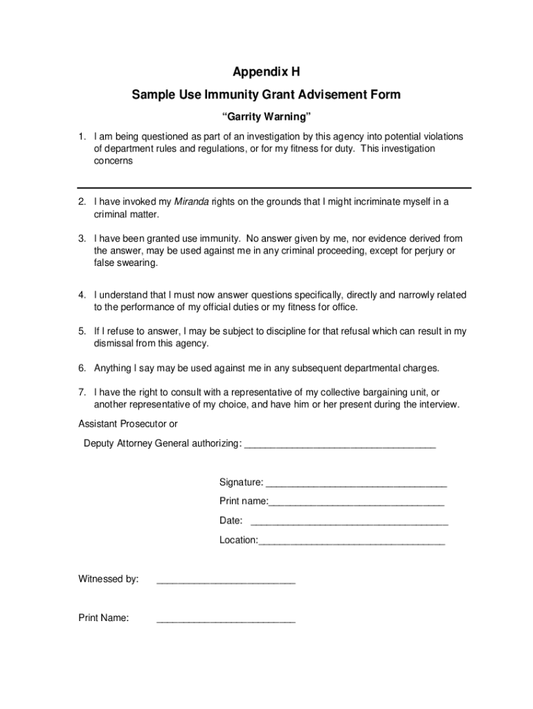 Fillable Online Appendix H Sample Use Immunity Grant Advisement Form ...