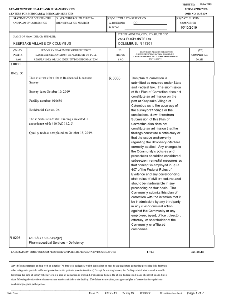 Fillable Online www.in.gov health reportsSTATEMENT OF DEFICIENCIES AND ...