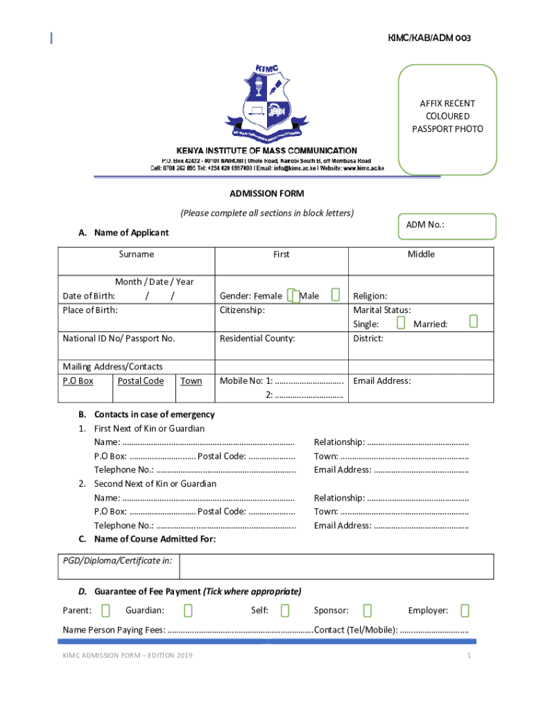 Fillable Online Fillable Online KIMC/KAB/ADM 001 Fax Email Print ...
