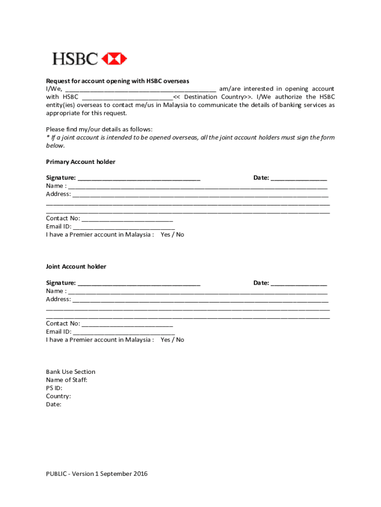Fillable Online Overseas Account Opening Request - HSBC International ...