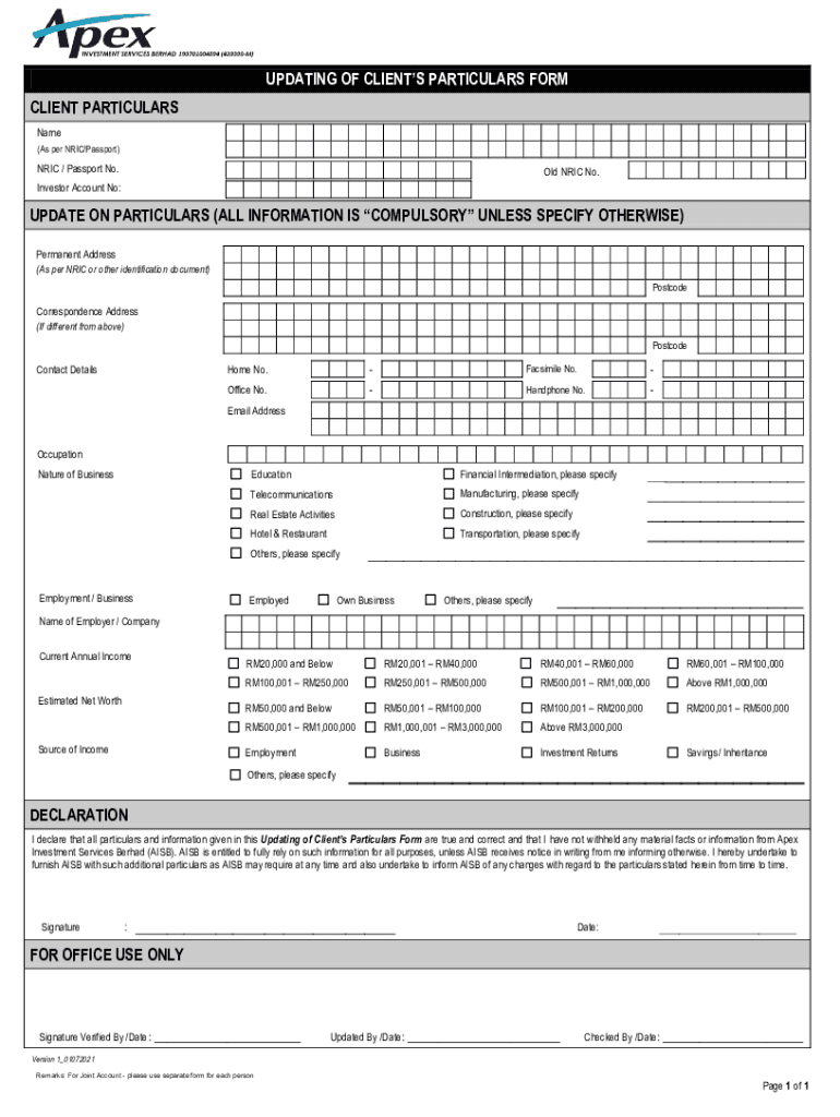 Fillable Online apexis.com.myDownloadFormsUPDATING OF CLIENTS ...