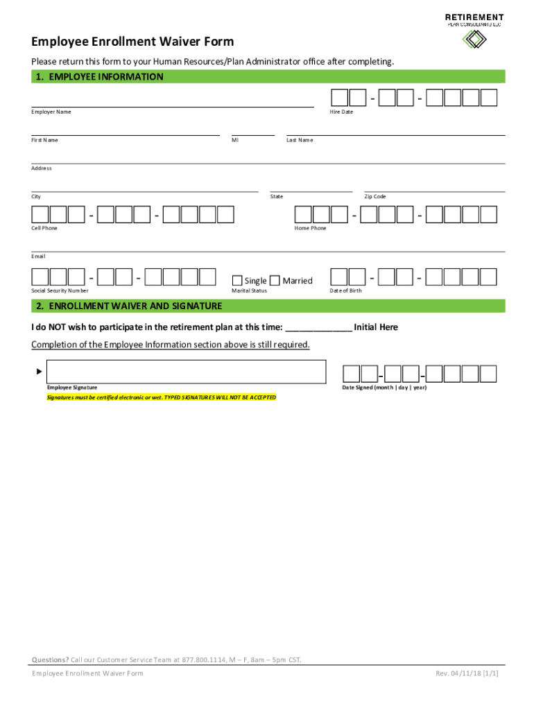 Fillable Online Employee Enrollment Waiver Form Fax Email Print - pdfFiller