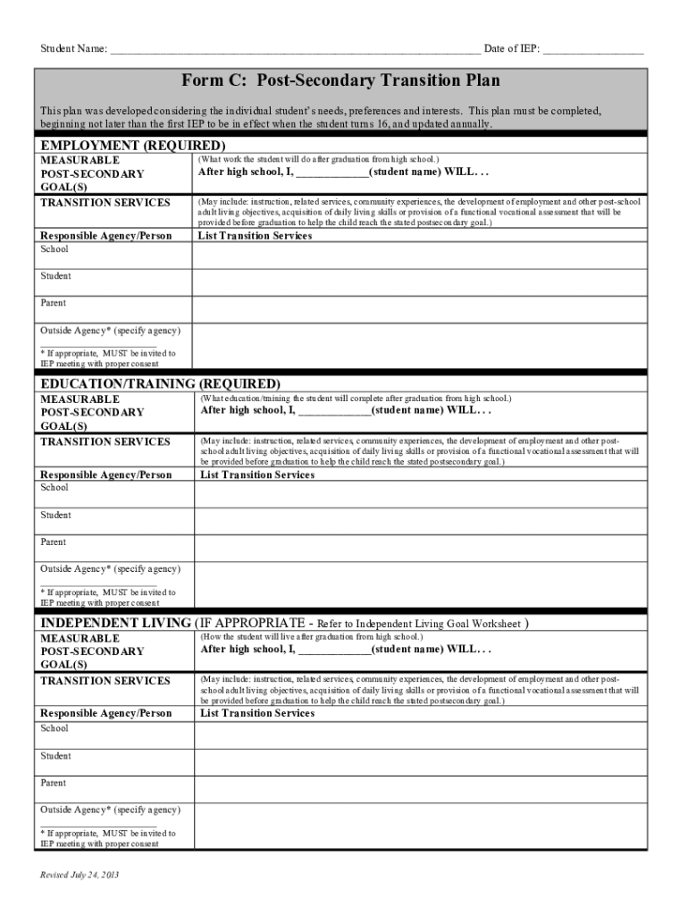 Fillable Online Post Secondary Transition Form for students with IEPs ...