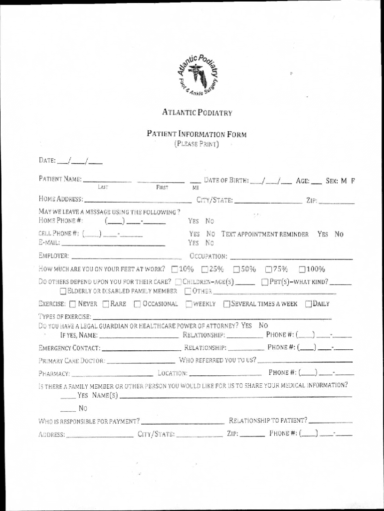 Fillable Online ATLANTIC PODIATRY PATIENT INFORMATION FORM Fax Email ...