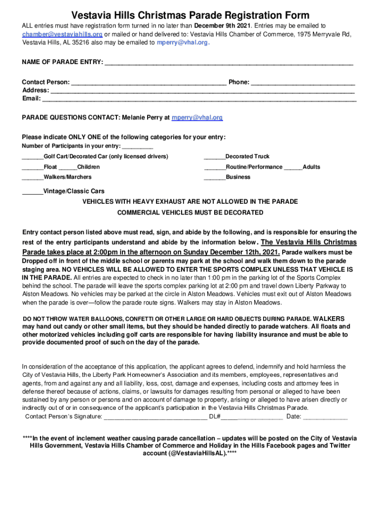 Fillable Online Vestavia Hills Christmas Parade Registration Form Fax ...