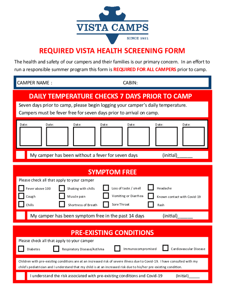 Fillable Online REQUIRED VISTA HEALTH SCREENING FORM Fax Email Print ...