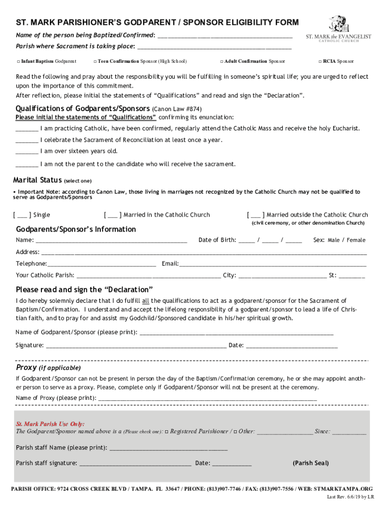 Fillable Online ST. MARK PARISHIONER S GODPARENT / SPONSOR ELIGIBILITY ...