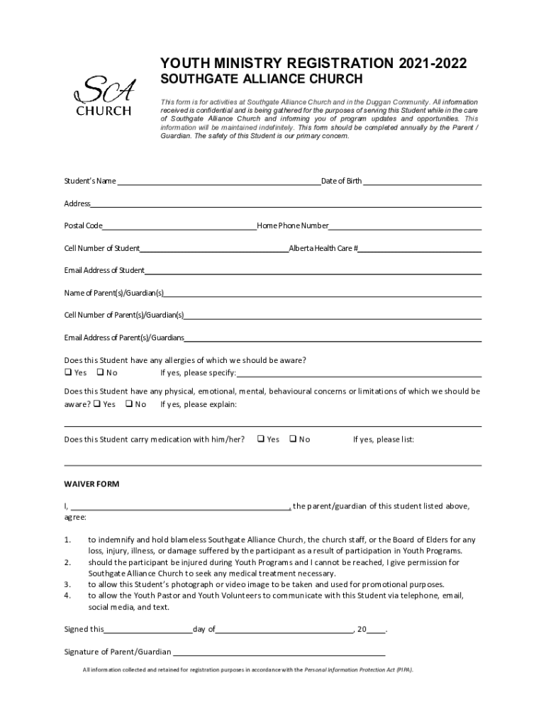 Fillable Online Southgate Alliance Church Youth Ministry Registration ...