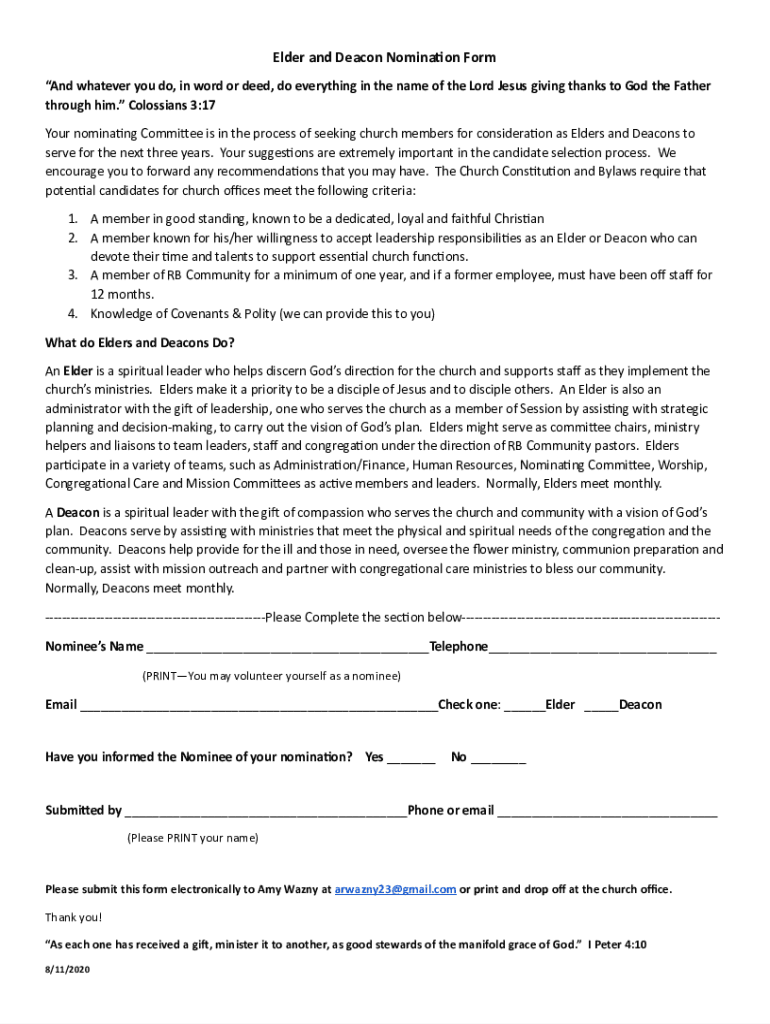 Fillable Online FORM FOR NOMINATION ELDER, DEACON, SLT FORM FOR ...