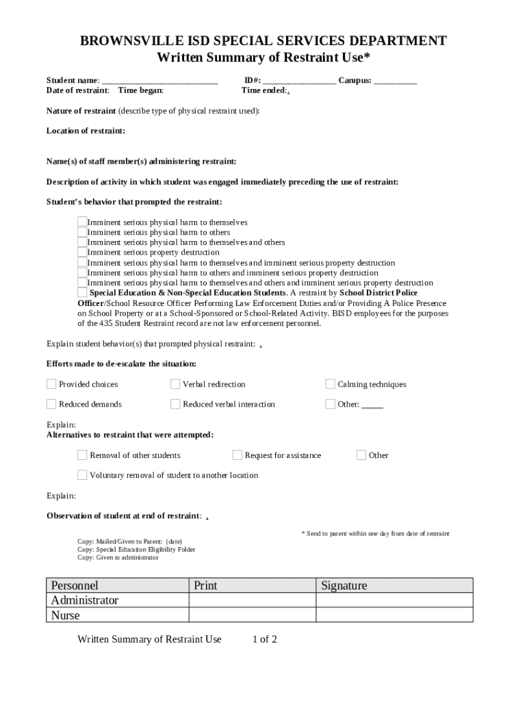 Written Summary of Restraint Use* Doc Template | pdfFiller