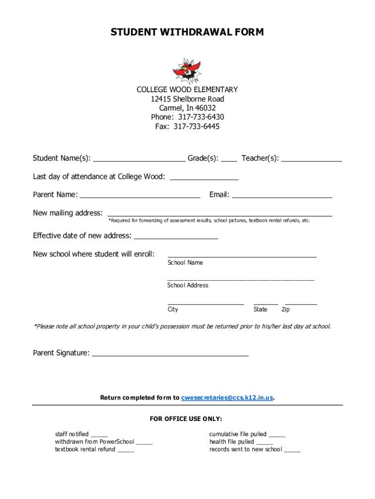 Fillable Online College Wood Elementary School, 12415 Shelborne Rd ...