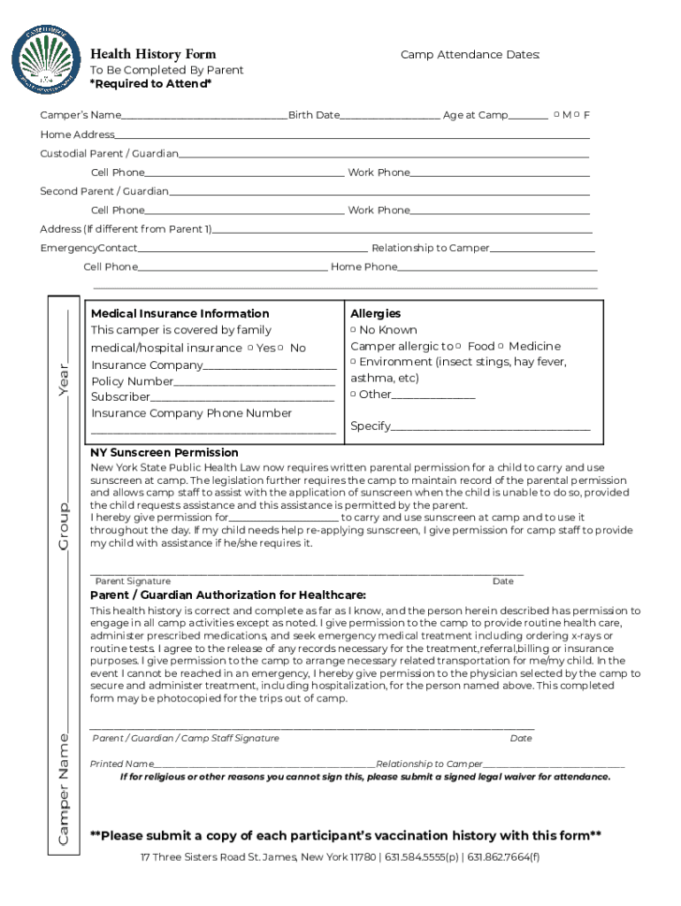 Fillable Online GIRLS QUEST CAMPER HEALTH HISTORY FORM Fax Email Print ...