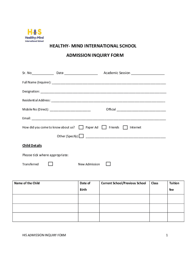 Fillable Online HEALTHY- MIND INTERNATIONAL SCHOOL ADMISSION INQUIRY ...