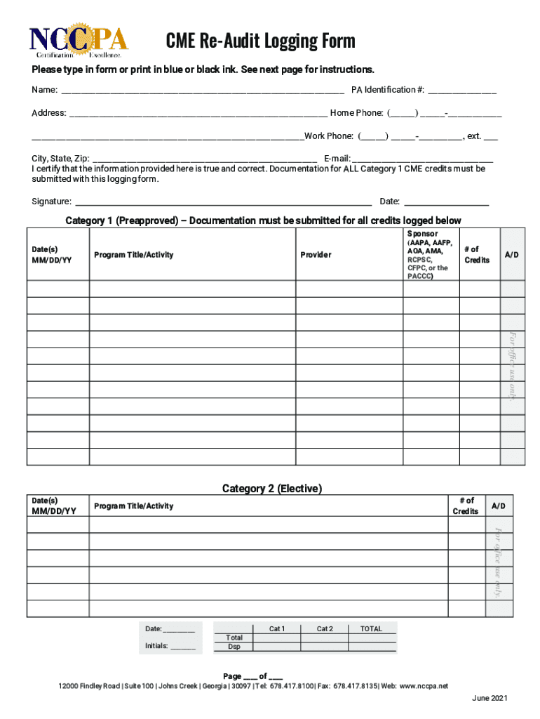 Fillable Online CME Re-Audit Logging Form - .NET Framework Fax Email ...