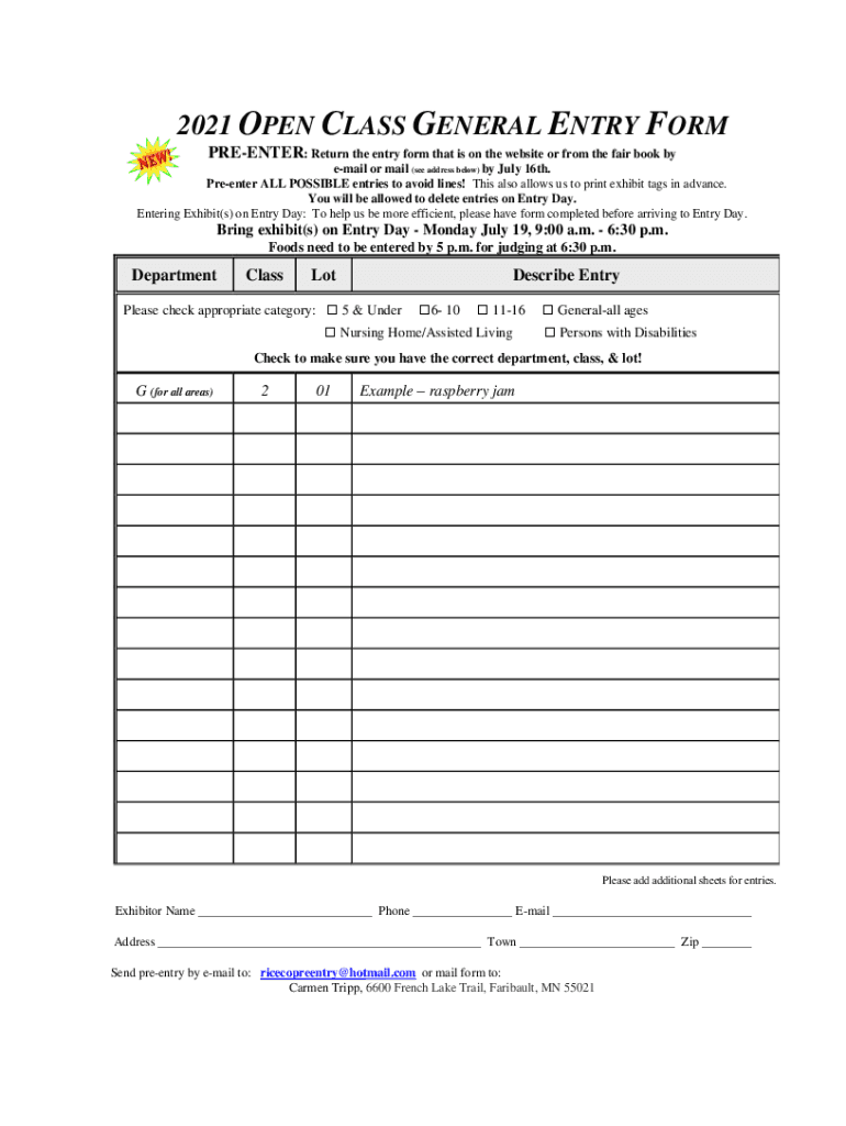 Fillable Online 2021 OPEN CLASS GENERAL ENTRY FORM Fax Email Print ...