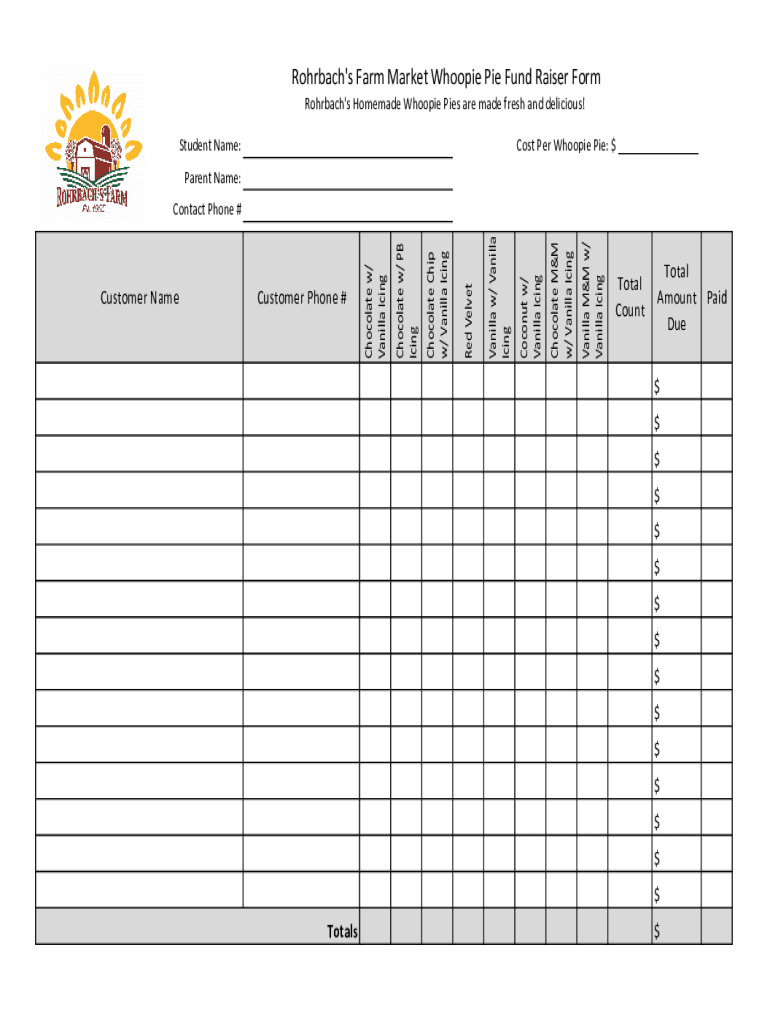 Fillable Online Whoopie Pie Fund Raiser Form.xlsx Fax Email Print ...