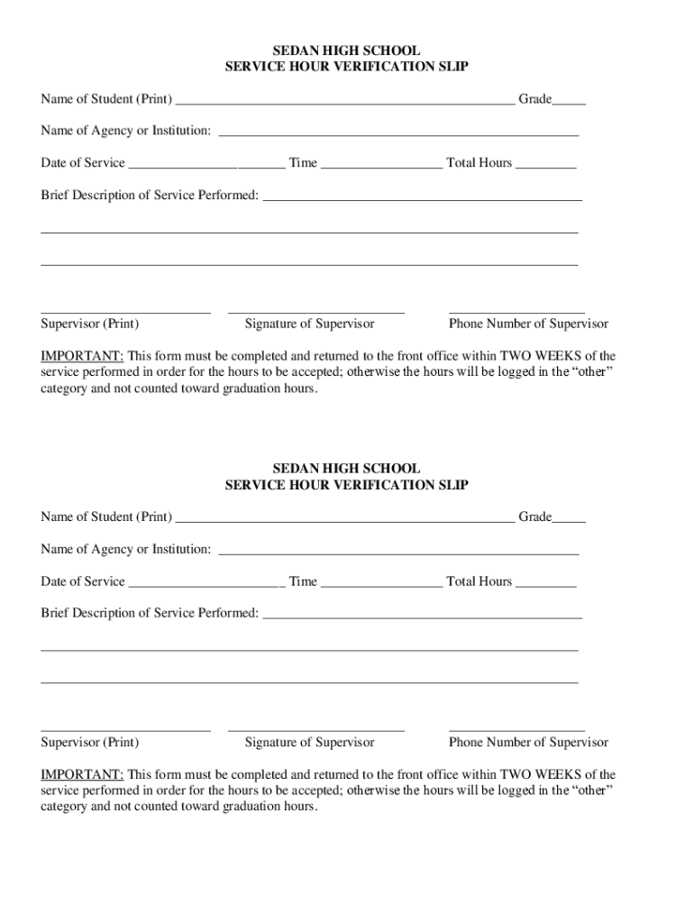 Fillable Online SEDAN HIGH SCHOOL SERVICE HOUR VERIFICATION SLIP Fax ...