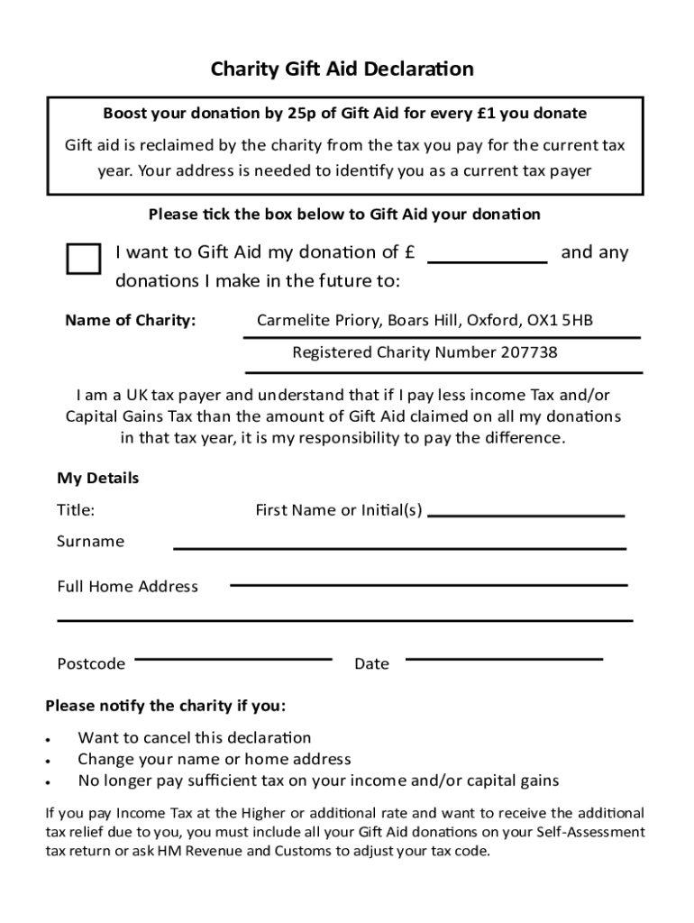 Fillable Online Gift Aid Declaration Form for Boars Hill - carmelite.uk ...
