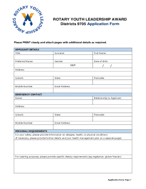 Fillable Online ROTARY YOUTH LEADERSHIP AWARD Districts 9705 ...
