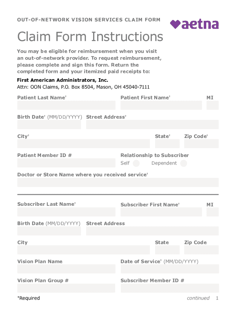Fillable Online Fillable Online VISION OUT-OF-NETWORK CLAIM FORM Claim ...