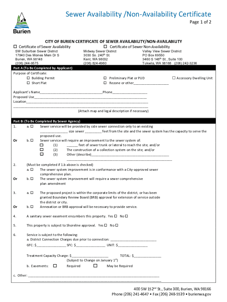 Fillable Online Fillable Online Sewer Availability Certificate Fax ...