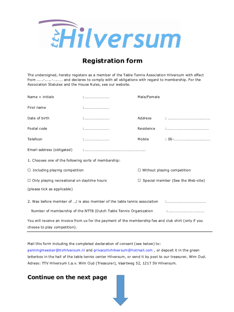 Fillable Online Registration form - TTV-Hilversum Fax Email Print ...