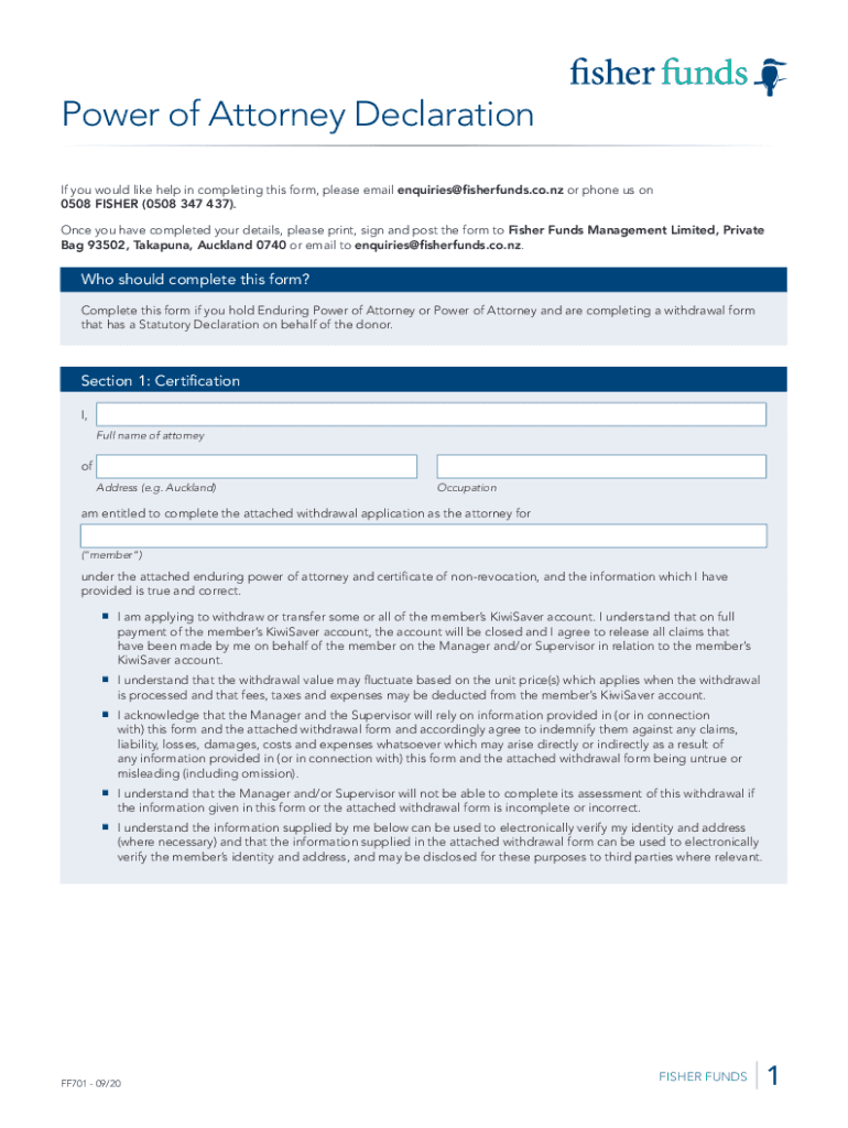Fillable Online fisherfunds co Power of Attorney Declaration - Fisher ...