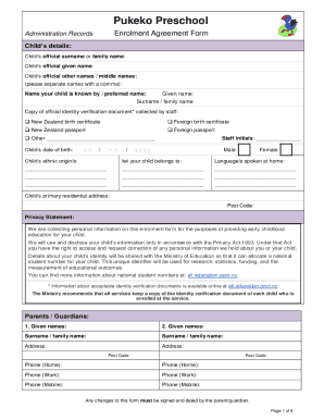 Fillable Online Enrolment Agreement Form - Full - Pukeko Preschools Fax ...