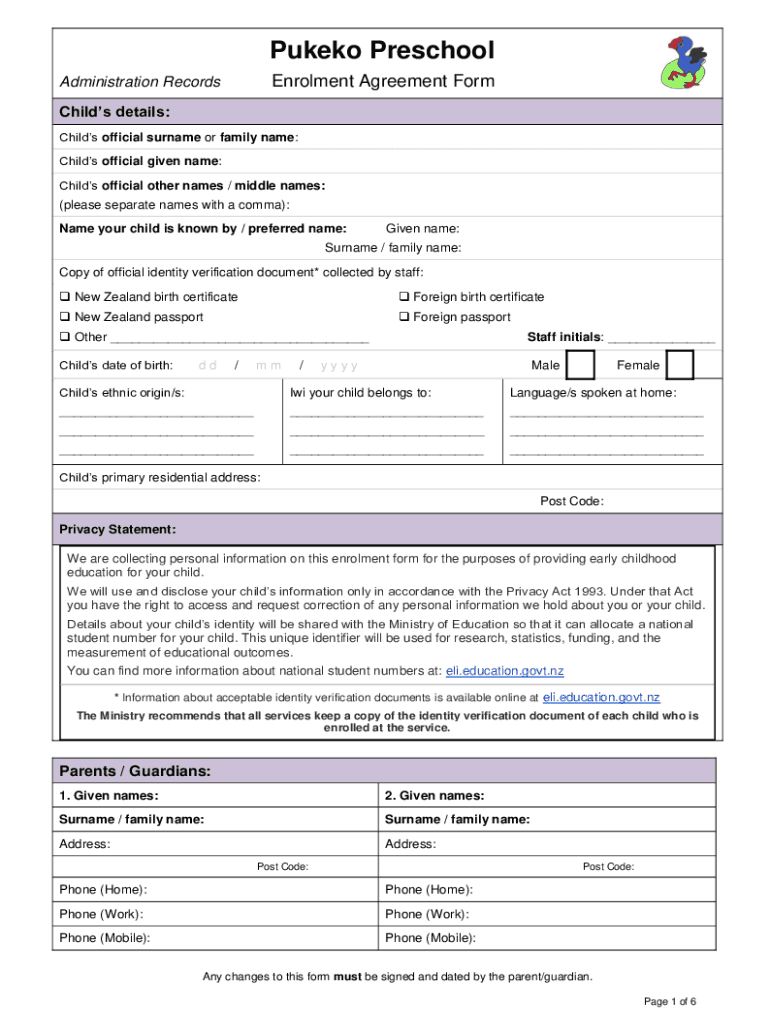 Fillable Online Enrolment Agreement Form - Full - Pukeko Preschools Fax ...