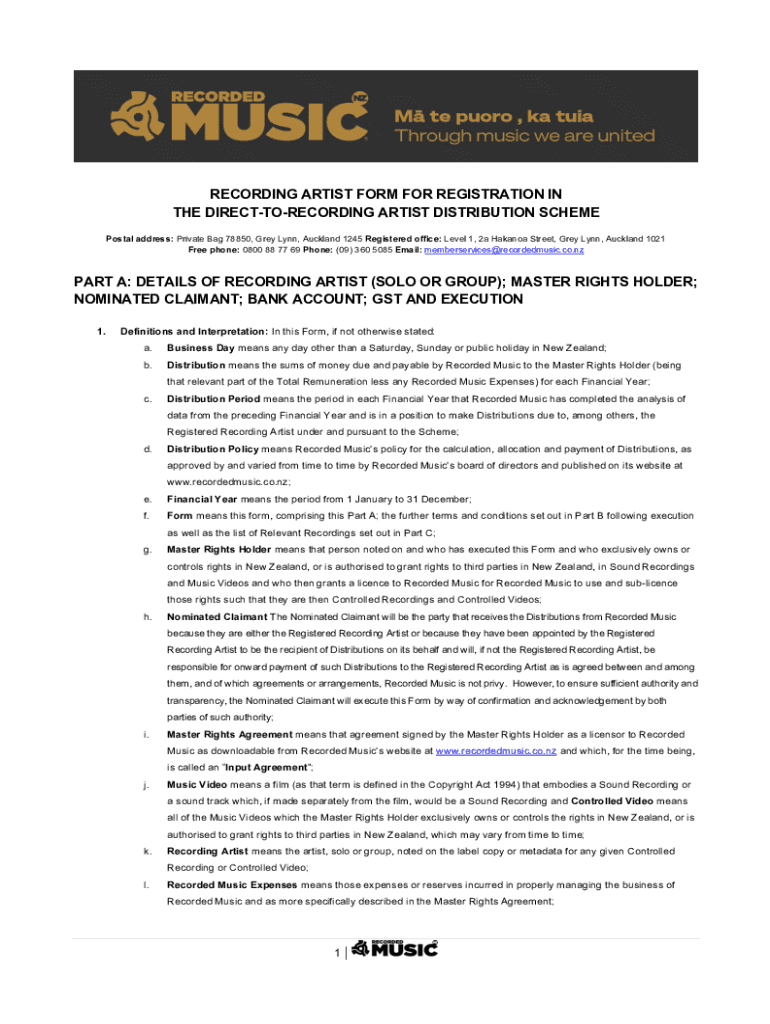 Fillable Online Recording Artist Registration Form Fax Email Print ...