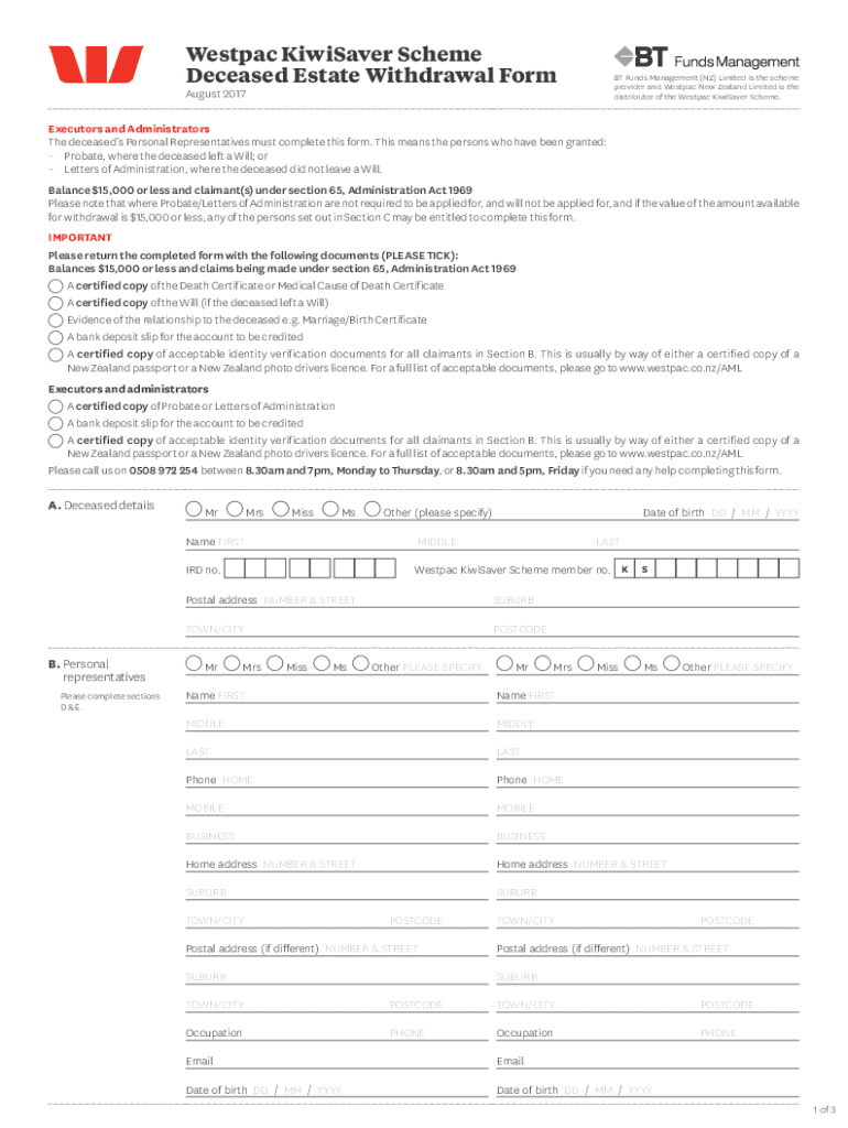Fillable Online KiwiSaver Deceased Member Withdrawal Form - Fisher ...