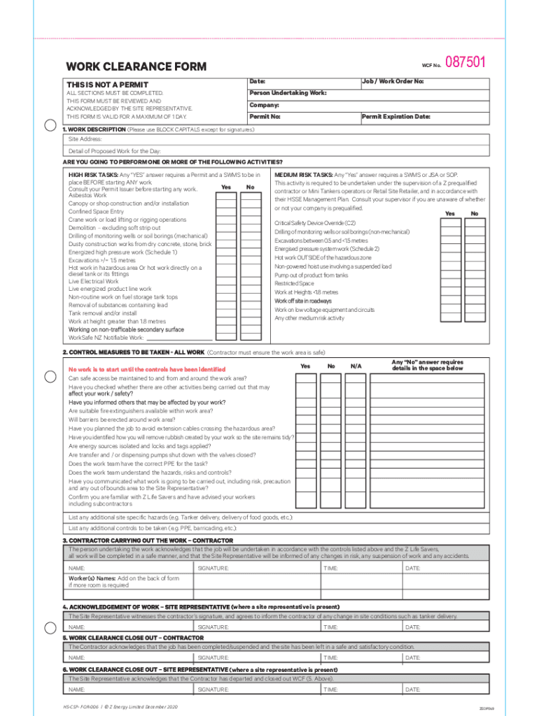 Fillable Online Z Energy Work Clearance Form Fax Email Print - pdfFiller