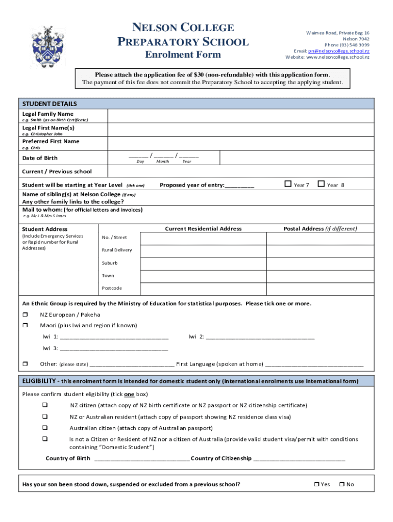 Fillable Online Fillable Online Nelson 7042 Boarding Enrolment Form Fax ...