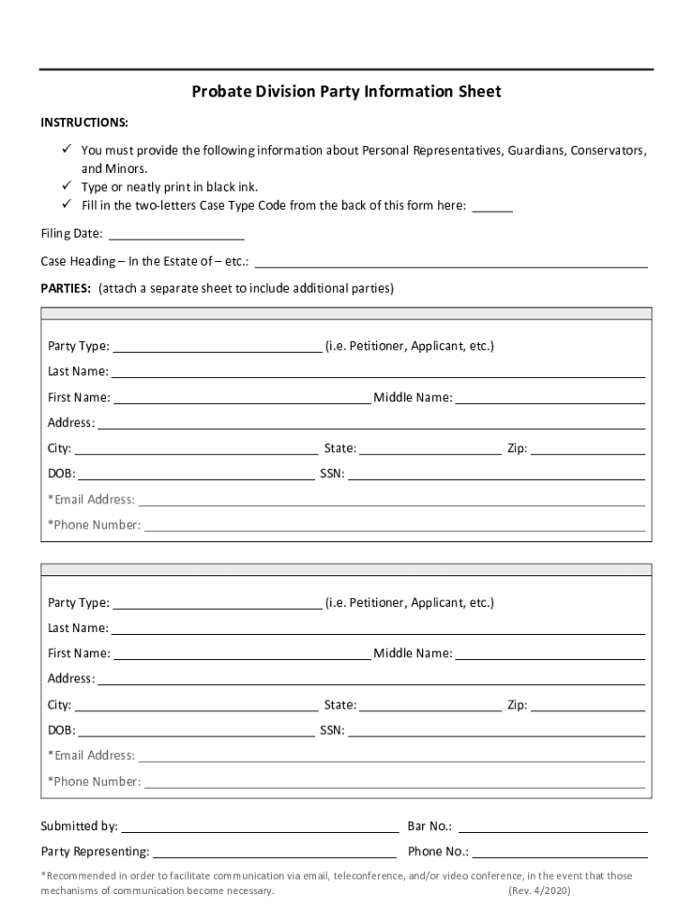 Fillable Online Probate Division Party Information Sheet - Additional ...