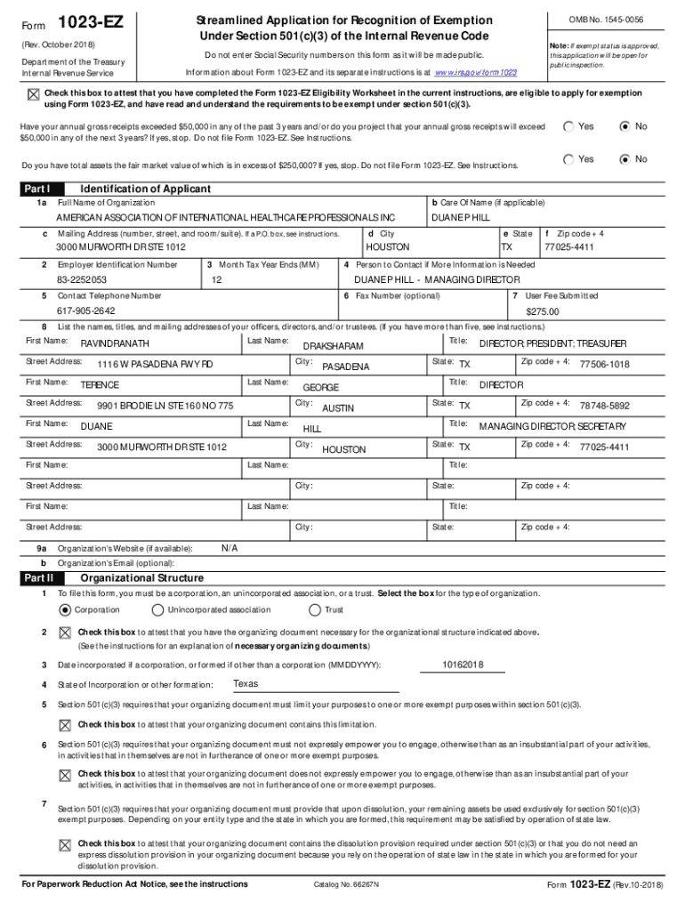 Fillable Online Form 1023-EZ Streamlined Application for ... - aaihcp ...
