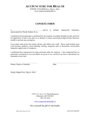 Fillable Online CONSENT FORM - Acupuncture For Health Fax Email Print - pdfFiller