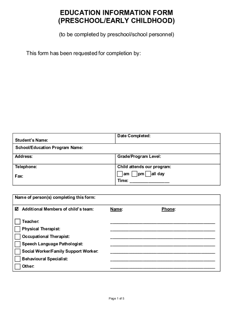 Fillable Online EDUCATION INFORMATION FORM (PRESCHOOL/EARLY CHILDHOOD ...