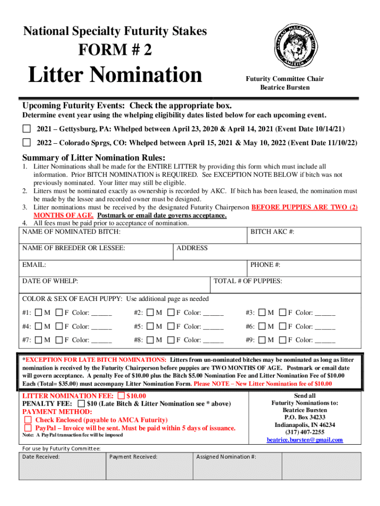 Fillable Online Fillable Online FORM # 2 Litter Nomination Fax Email ...