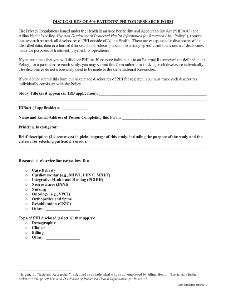 Fillable Online DISCLOSURES OF 50+ PATIENTS PHI FOR RESEARCH FORM Fax ...