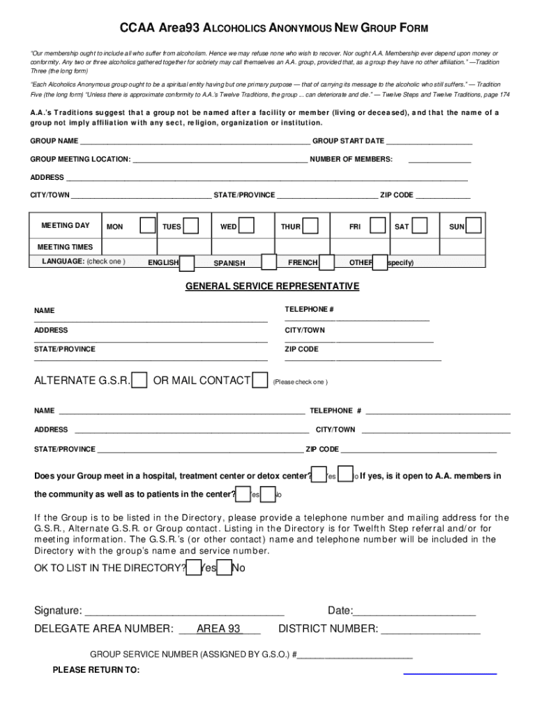 Fillable Online New Group Form - Alcoholics Anonymous District 4 General ... Fax Email Print ...