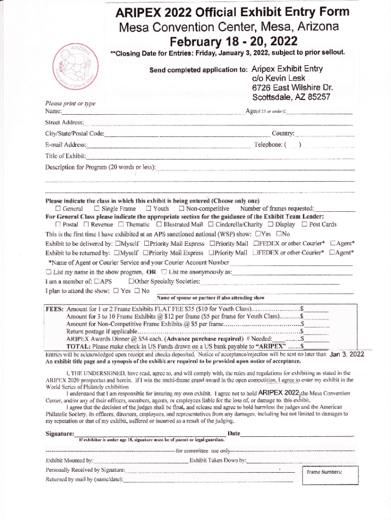 Fillable Online ARIPEX 2022 Official Exhibit Entry Form202109210001 ...