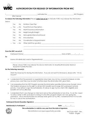 Fillable Online WIC Authorization for Release of Health Information via ...